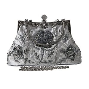 GUOZI Vintage Floral Beaded Rhinestone Embroidery Clutch Sequin Wedding Party Prom Bag Crossbody Evening Handbag for Bridal Ladies (Grey)