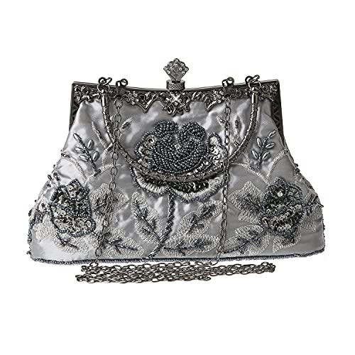 GUOZI Vintage Floral Beaded Rhinestone Embroidery Clutch Sequin Wedding Party Prom Bag Crossbody Evening Handbag for Bridal Ladies (Grey)