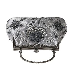 GUOZI Vintage Floral Beaded Rhinestone Embroidery Clutch Sequin Wedding Party Prom Bag Crossbody Evening Handbag for Bridal Ladies (Grey)