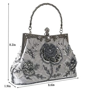 GUOZI Vintage Floral Beaded Rhinestone Embroidery Clutch Sequin Wedding Party Prom Bag Crossbody Evening Handbag for Bridal Ladies (Grey)