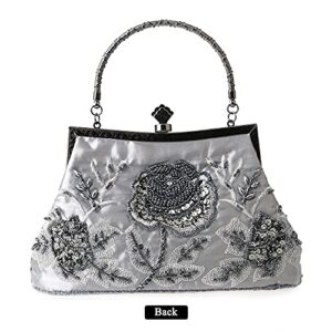 GUOZI Vintage Floral Beaded Rhinestone Embroidery Clutch Sequin Wedding Party Prom Bag Crossbody Evening Handbag for Bridal Ladies (Grey)