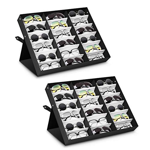 Jiffordwind 18 Slot Polyester Silk Lining Sunglasses Display Case Tray with Stand Function (2 pack)