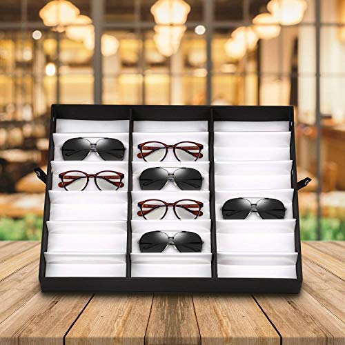 Jiffordwind 18 Slot Polyester Silk Lining Sunglasses Display Case Tray with Stand Function (2 pack)