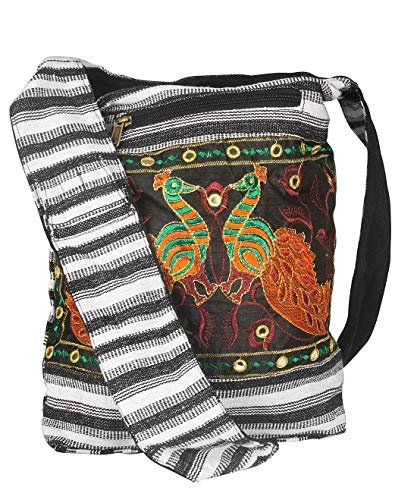 Hobo Shoulder Bag Messenger Casual Everyday Large Hippie Market Thick Functional (Black White)