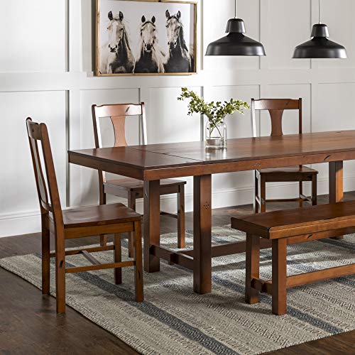 Walker Edison Rustic Farmhouse Rectangle Wood Dining Room Table Set with Leaf Extension, Brown Oak