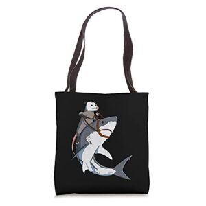 funny opossum riding shark tote bag