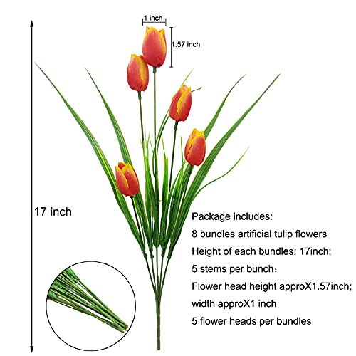 Guagb 8 Bundles Outdoor Artificial Tulips Fake Flowers UV Resistant Faux Plastic Greenery Shrubs Plants for Home Outside Garden Porch Window Farmhouse Decor (Orange)