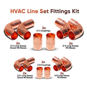 Infinitech 3/8 & 3/4 Hvac - R Copper Line Set Fittings Kit Includes long sweep elbow coupling street elbows Perfect for air conditioning lineset refrigeration liquid suction lines tubing pipes 3438