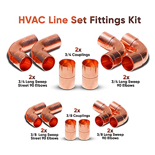 Infinitech 3/8 & 3/4 Hvac - R Copper Line Set Fittings Kit Includes long sweep elbow coupling street elbows Perfect for air conditioning lineset refrigeration liquid suction lines tubing pipes 3438