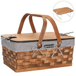 Woodchip Picnic Basket for 2 with Portable Wine Table, Woven Basket with Double Swing Handles & Removable Cutlery Service Kit, Large Basket for Picnic, Camping, Family, Wedding Gifts for Couple,Grey