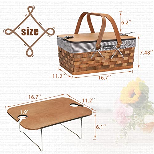 Woodchip Picnic Basket for 2 with Portable Wine Table, Woven Basket with Double Swing Handles & Removable Cutlery Service Kit, Large Basket for Picnic, Camping, Family, Wedding Gifts for Couple,Grey