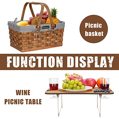 Woodchip Picnic Basket for 2 with Portable Wine Table, Woven Basket with Double Swing Handles & Removable Cutlery Service Kit, Large Basket for Picnic, Camping, Family, Wedding Gifts for Couple,Grey