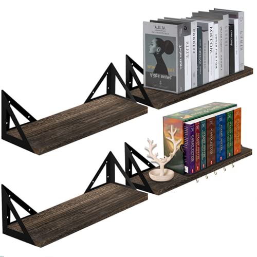 Floating Wall Shelves, Wall Mounted Shelves Wood Rustic Bookshelves Hanging Decorative Wall Shelves for Living Room, Bathroom, Kitchen, Office, Small Modern and Heavy Duty with 8 Free Hooks(Set of 4)