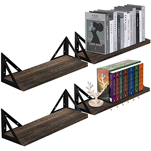 Floating Wall Shelves, Wall Mounted Shelves Wood Rustic Bookshelves Hanging Decorative Wall Shelves for Living Room, Bathroom, Kitchen, Office, Small Modern and Heavy Duty with 8 Free Hooks(Set of 4)