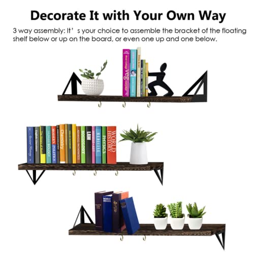 Floating Wall Shelves, Wall Mounted Shelves Wood Rustic Bookshelves Hanging Decorative Wall Shelves for Living Room, Bathroom, Kitchen, Office, Small Modern and Heavy Duty with 8 Free Hooks(Set of 4)