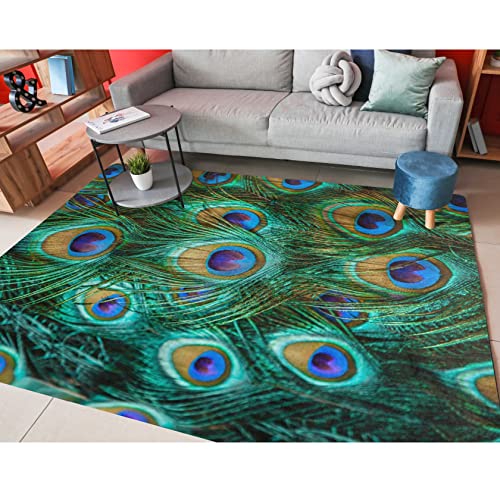 ALAZA Oil Painting Green Peacock Blue Non Slip Area Rug 5' x 7' for Living Dinning Room Bedroom Kitchen Hallway Office Modern Home Decorative