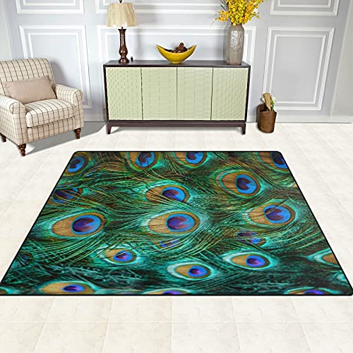 ALAZA Oil Painting Green Peacock Blue Non Slip Area Rug 5' x 7' for Living Dinning Room Bedroom Kitchen Hallway Office Modern Home Decorative