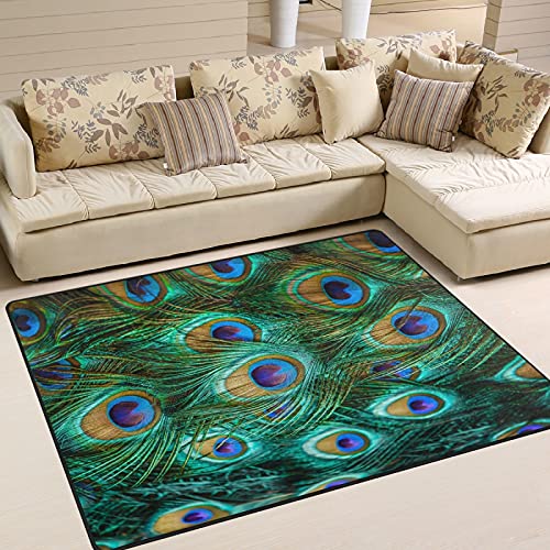 ALAZA Oil Painting Green Peacock Blue Non Slip Area Rug 5' x 7' for Living Dinning Room Bedroom Kitchen Hallway Office Modern Home Decorative