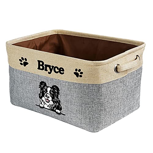 MALIHONG Personalized Foldable Storage Basket with Funny Dog Border Collie Collapsible Sturdy Fabric Pet Toys Storage Bin Cube with Handles for Organizing Shelf Home Closet, Grey and White