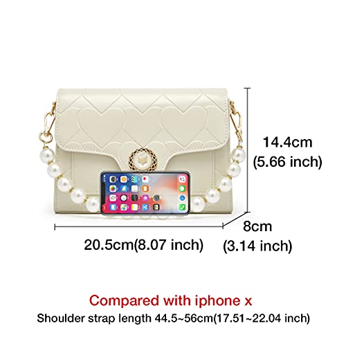 Leather Crossbody Bags for Women, Cowhide Leather Ladies Handbags Shoulder Bag with Pearl Handle Adjustable Chain Strap Womens Messenger Bag Cute Pouch Bag Women's Fashion Satchel Purses (White)