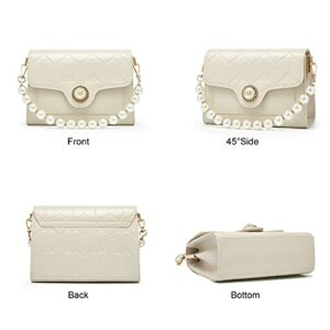 Leather Crossbody Bags for Women, Cowhide Leather Ladies Handbags Shoulder Bag with Pearl Handle Adjustable Chain Strap Womens Messenger Bag Cute Pouch Bag Women's Fashion Satchel Purses (White)