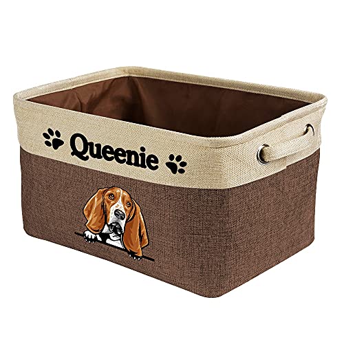 MALIHONG Personalized Foldable Storage Basket with Cute Dog Basset Hound Collapsible Sturdy Fabric Pet Toys Storage Bin Cube with Handles for Organizing Shelf Home Closet, Brown and White