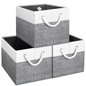 fab totes storage bins [3-pack], foldable storage baskets for organizing toys, books, shelves, closet, large storage box with rope handles, sturdy organizer bins, white & grey