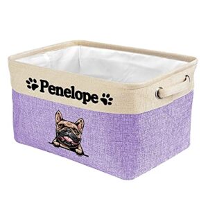 malihong personalized foldable storage basket with lovely dog french bulldog collapsible sturdy fabric pet toys storage bin cube with handles for organizing shelf home closet, purple and white