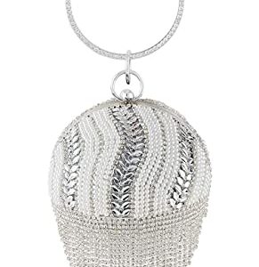 UMREN Women Pearl Round Ball Dazling Crystal Evening Clutch Purse Rhinestones Tassel Wedding Party Handbags Silver 5