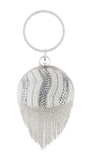 UMREN Women Pearl Round Ball Dazling Crystal Evening Clutch Purse Rhinestones Tassel Wedding Party Handbags Silver 5