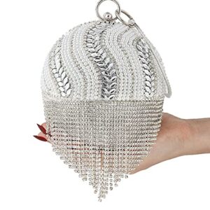 UMREN Women Pearl Round Ball Dazling Crystal Evening Clutch Purse Rhinestones Tassel Wedding Party Handbags Silver 5