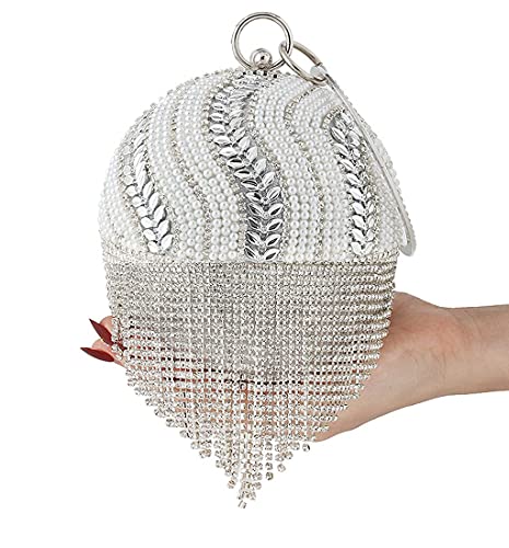 UMREN Women Pearl Round Ball Dazling Crystal Evening Clutch Purse Rhinestones Tassel Wedding Party Handbags Silver 5