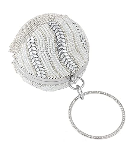 UMREN Women Pearl Round Ball Dazling Crystal Evening Clutch Purse Rhinestones Tassel Wedding Party Handbags Silver 5