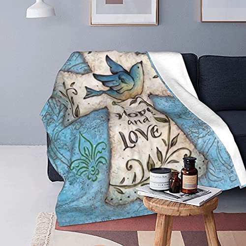 Hope and Love Inch Decorative Blue Bird Religious Cross Easter Faith House Flag Fleece Throw Blanket for Couch Sofa or Bed Throw Size Soft Fuzzy Plush Luxury Flannel Lap Blanket Cozy for All Seasons