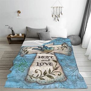 Hope and Love Inch Decorative Blue Bird Religious Cross Easter Faith House Flag Fleece Throw Blanket for Couch Sofa or Bed Throw Size Soft Fuzzy Plush Luxury Flannel Lap Blanket Cozy for All Seasons