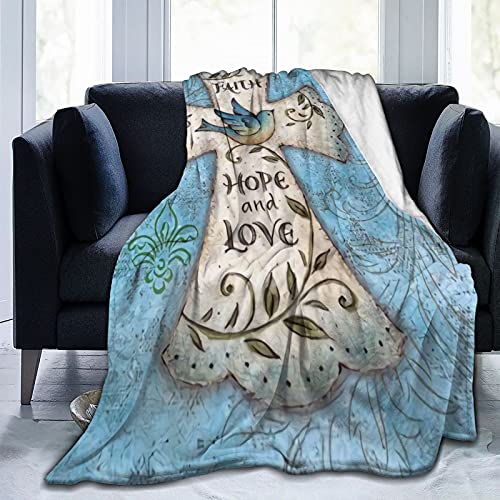 Hope and Love Inch Decorative Blue Bird Religious Cross Easter Faith House Flag Fleece Throw Blanket for Couch Sofa or Bed Throw Size Soft Fuzzy Plush Luxury Flannel Lap Blanket Cozy for All Seasons