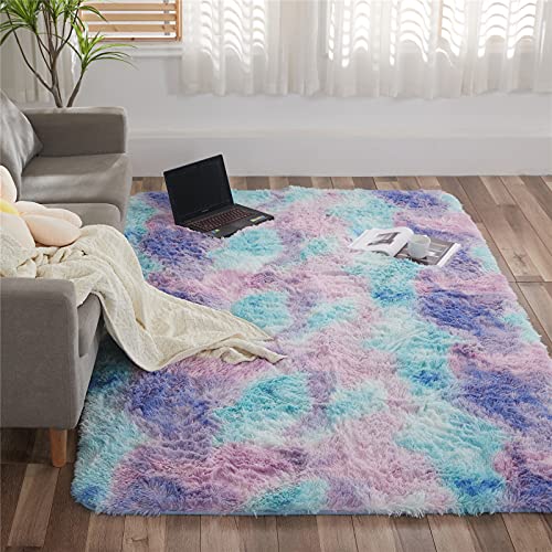 Shaggy Area Rugs, Kids Rugs for Bedroom Girls, Soft Fluffy Colorful Rainbow Kids Rugs for Girls Bedroom Tie Dye Area Rug Purple Rugs for Kids Bedroom Non Slip Rectangle Shag Fuzzy Carpet