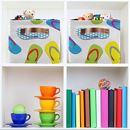 susiyo Large Foldable Storage Bin Summer Flip-Flops Fabric Storage Baskets Collapsible Decorative Baskets Organizing Basket Bin with PU Handles for Shelves Home Closet Bedroom Living Room-1Pack