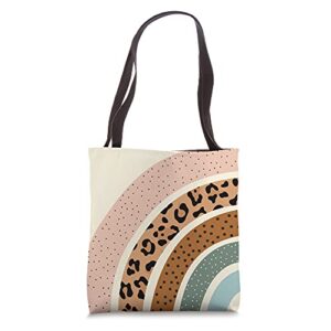 boho burnt orange half rainbow dotted pattern black leopard tote bag