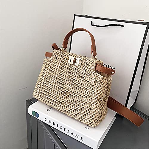 ZYYMMNN Weave Square Tote Bag Summer Straw Bag Women's Designer Handbag Beach Travel Bag Shoulder Messenger Bag 24X11X17CM-5