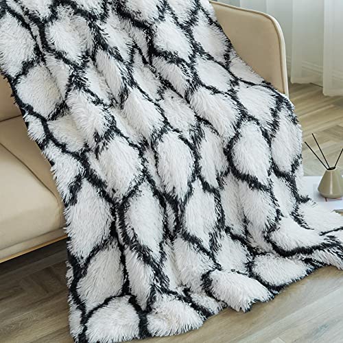 Kivik Shaggy Faux Fur Weighted Blanket 15 Pounds, Moroccan Print Long Fur Fluffy Heavy Throw Blanket for Adult,Plush Warm Thick Sherpa Furry Bed Blanket Gifts,Cream 48x72 Inches