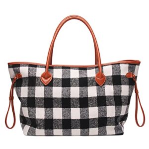 buffalo plaid women tote purse – oversized soft flannel checked weekender overnight handbag (white & black)