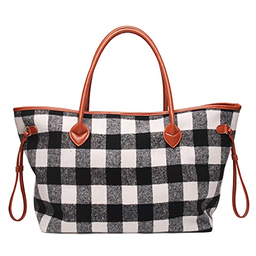 Buffalo Plaid Women Tote Purse - Oversized Soft Flannel Checked Weekender Overnight Handbag (White & Black)