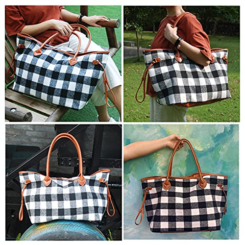 Buffalo Plaid Women Tote Purse - Oversized Soft Flannel Checked Weekender Overnight Handbag (White & Black)