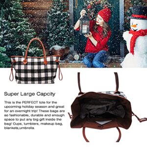 Buffalo Plaid Women Tote Purse - Oversized Soft Flannel Checked Weekender Overnight Handbag (White & Black)