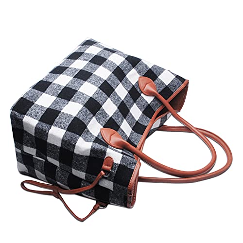 Buffalo Plaid Women Tote Purse - Oversized Soft Flannel Checked Weekender Overnight Handbag (White & Black)