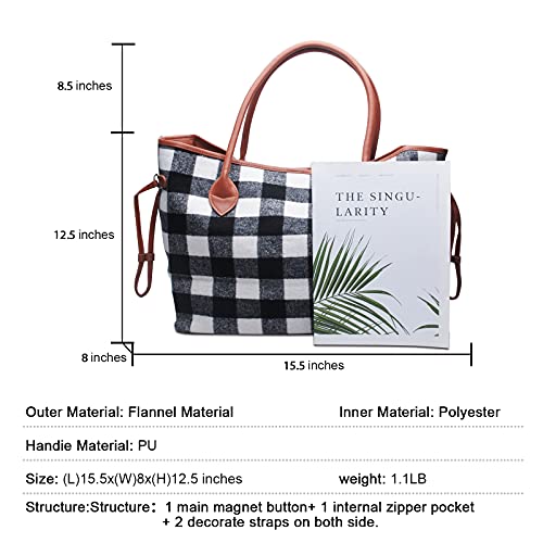 Buffalo Plaid Women Tote Purse - Oversized Soft Flannel Checked Weekender Overnight Handbag (White & Black)