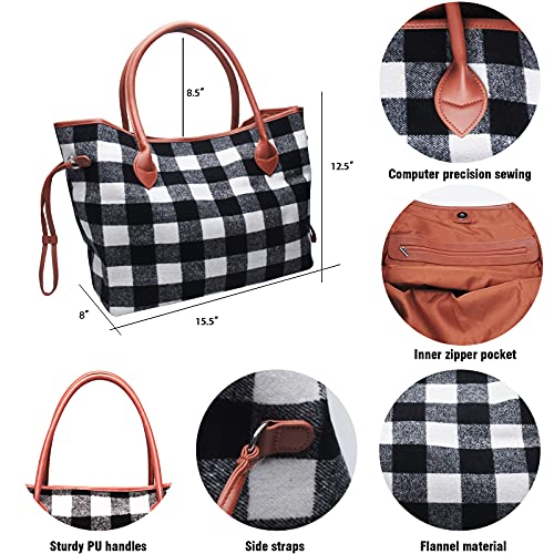 Buffalo Plaid Women Tote Purse - Oversized Soft Flannel Checked Weekender Overnight Handbag (White & Black)