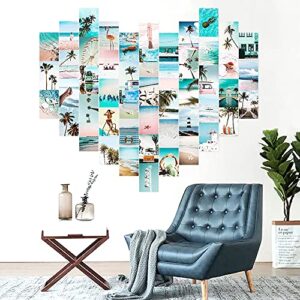 Teal Wall Collage Kit Aesthetic Pictures 50Pcs 4x6 Inch Summer Beach Collage Print Kit Vocation Posters for Room Decor Bule Photo Collage Kit for Wall Aesthetic Holiday Room Decor for Teen Girls