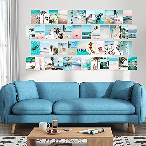 Teal Wall Collage Kit Aesthetic Pictures 50Pcs 4x6 Inch Summer Beach Collage Print Kit Vocation Posters for Room Decor Bule Photo Collage Kit for Wall Aesthetic Holiday Room Decor for Teen Girls